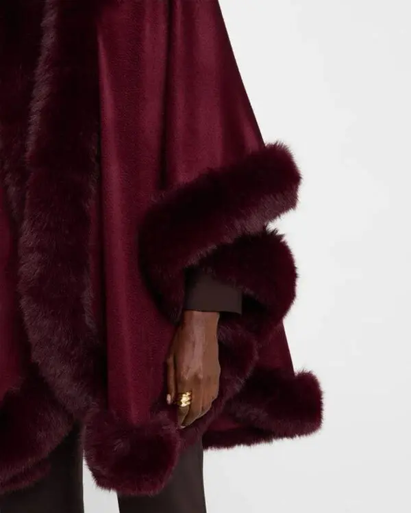 Sofia Cashmere Cape With Faux Fur Trim - Wine