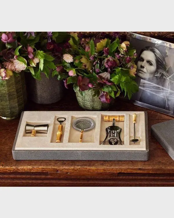 Aerin Faux Shagreen Bamboo Bar Set - Chocolate