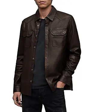 Allsaints Ivan Leather Snap Shirt In Roasted Brown 50% Off