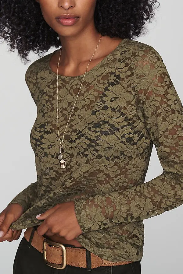 Anthropologie Long-sleeve Lace Crew-neck Top - Lizard