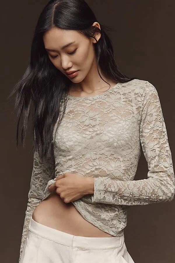 Anthropologie Long-sleeve Lace Crew-neck Top - Powdered Sage