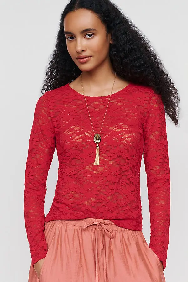Anthropologie Lace Crewneck Top - Red