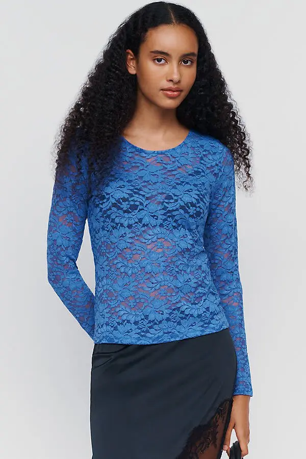Anthropologie Lace Crewneck Top - Soft Blue