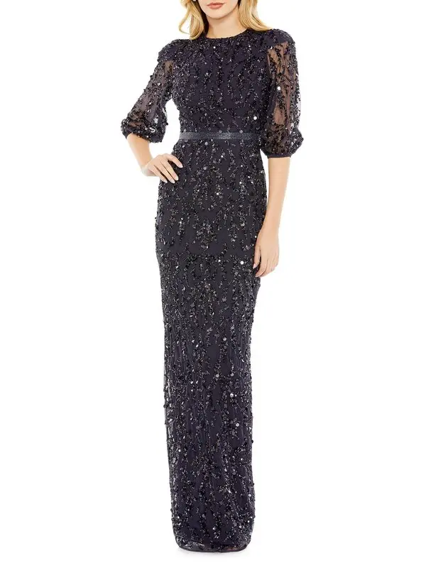 Mac Duggal Sequined Elbow-sleeve Column Gown - Midnight