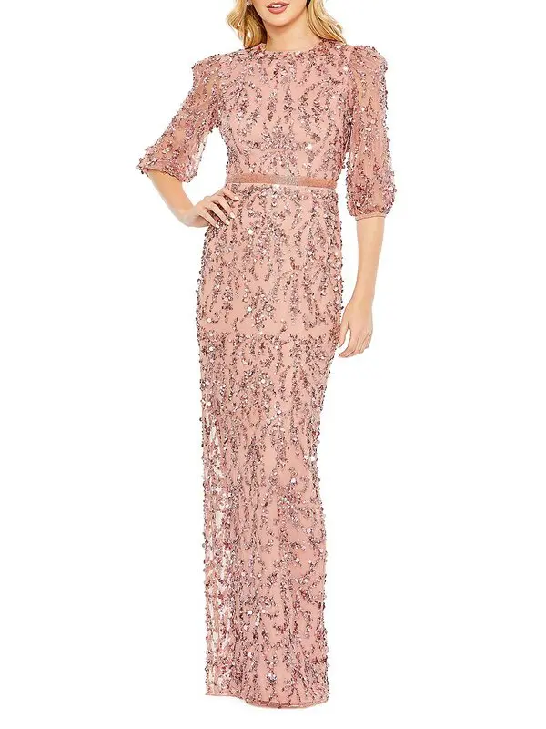 Mac Duggal Sequined Elbow-sleeve Column Gown - Rosewood