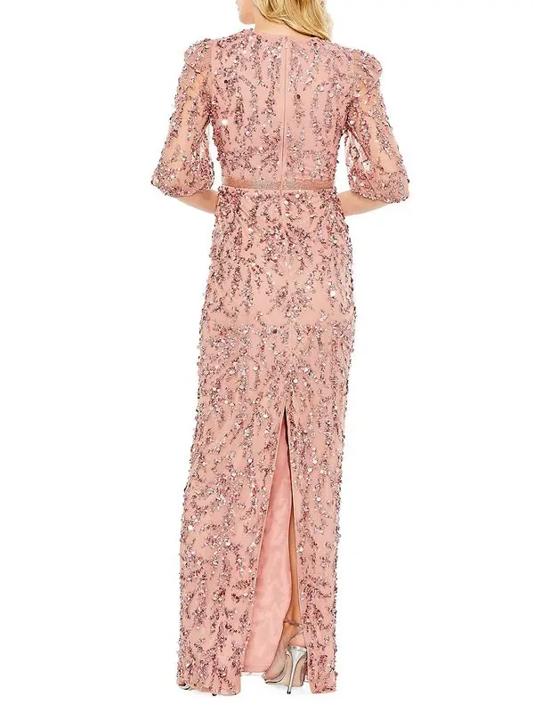 Mac Duggal Sequined Elbow-sleeve Column Gown - Rosewood