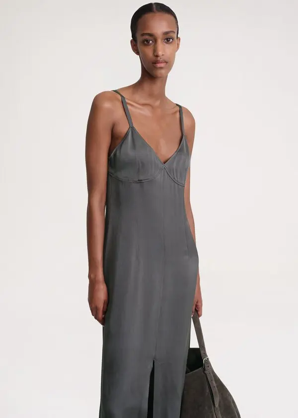 toteme draped silk cami dress Toteme Draped Satin Maxi Dress in Taupe