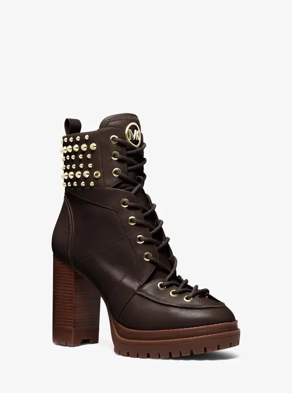 Michael Kors Yvonne Studded Leather Lace-up Combat Boots - Brown