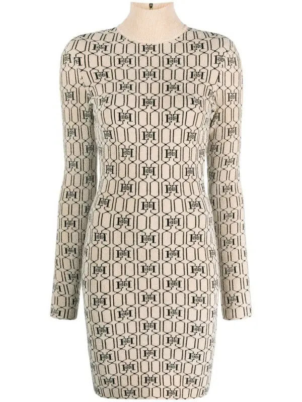 Elisabetta Franchi Mongram-intarsia Knitted Minidress - Neutrals