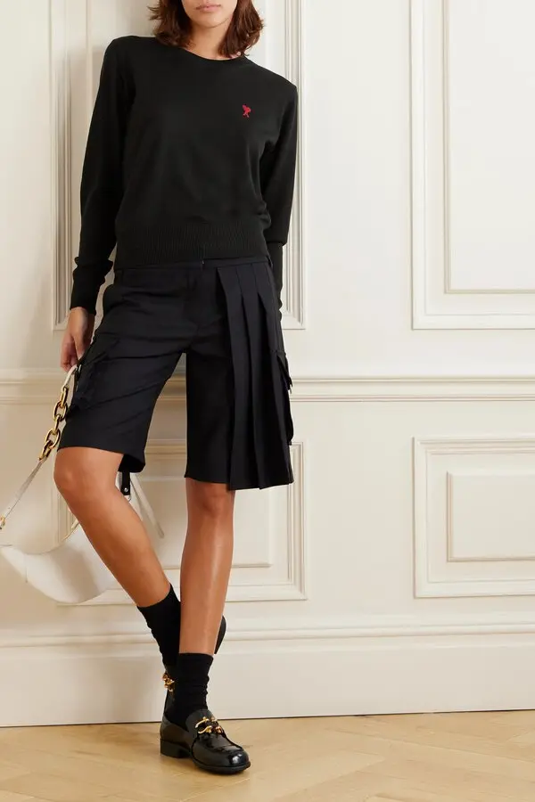 AMI Paris Net Sustain Adc Embroidered Merino Wool Sweater - Black
