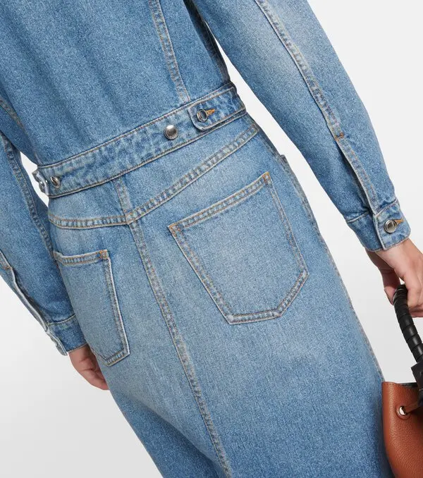 chloe denim maxi dress Chloe Denim Maxi Dress With Grommet Embellishments