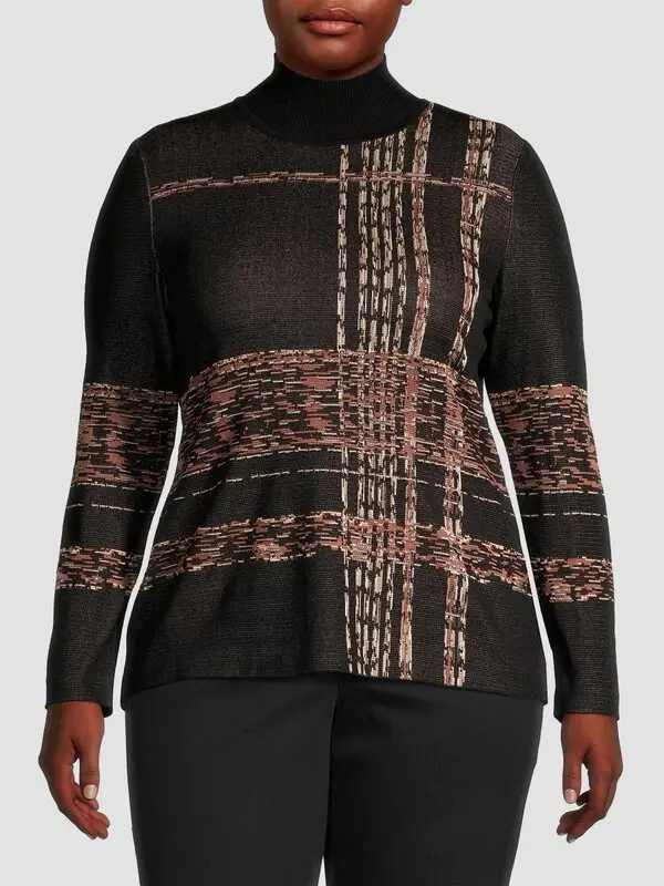 Ming Wang Plaid Jacquard Knit Turtleneck Tunic