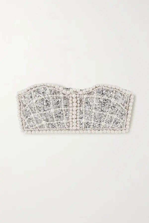 Balmain Cropped Pearl-embellished Sequined Bustier Top - Silver