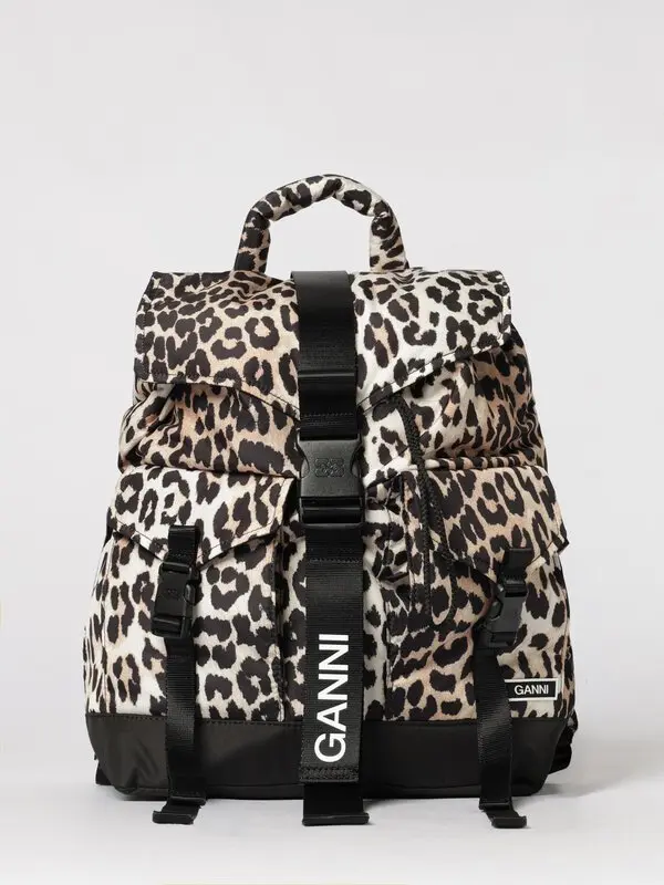 GANNI Recycled Nylon Backpack With Animal Print - Brown