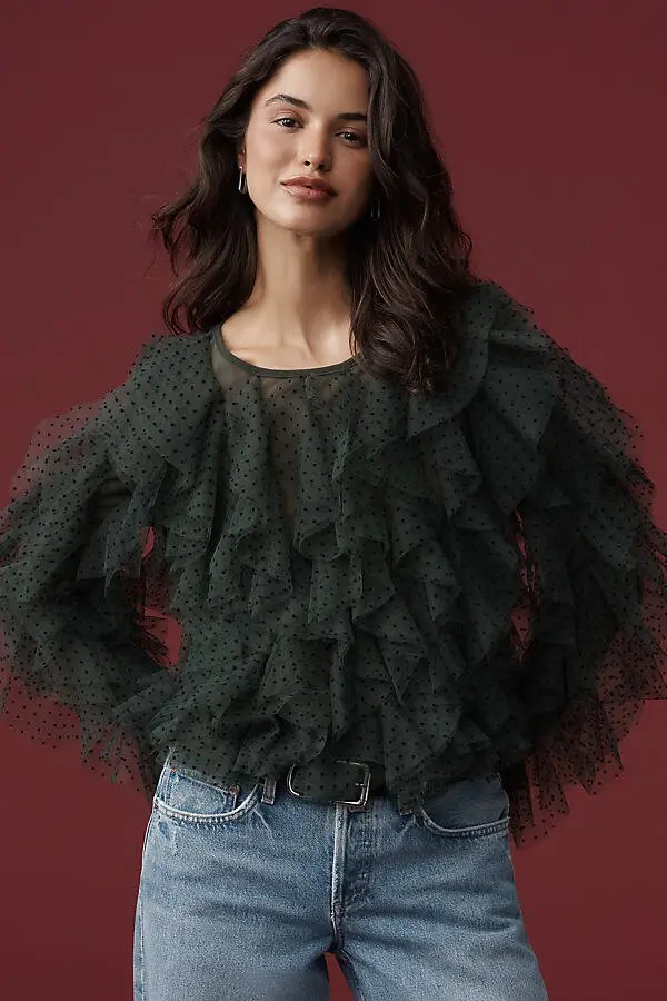 DOLAN LEFT COAST Mesh Ruffle Top - Green Dot
