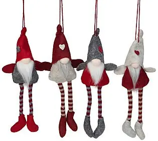 NORTHLIGHT S/4 Red And Gray Plush Gnome Christm As Ornaments - One-color