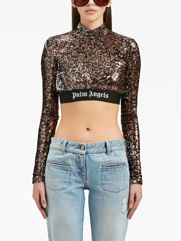 Palm Angels Logo-strap Sequin Cropped Top - Brown