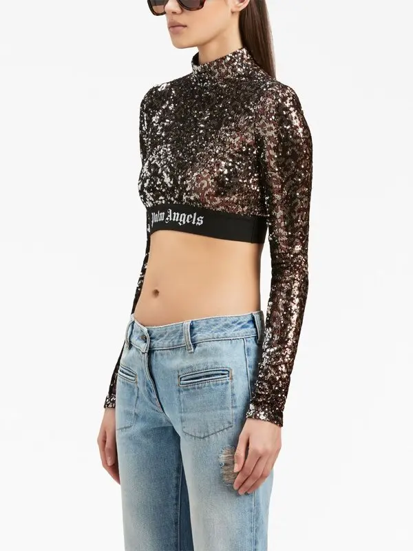 Palm Angels Logo-strap Sequin Cropped Top - Brown