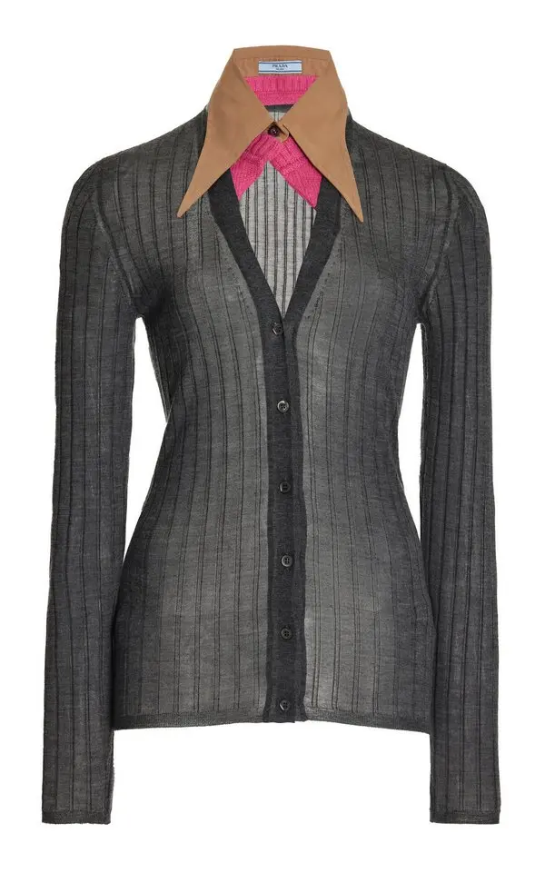 Prada Collared Knit Cashmere Silk Cardigan