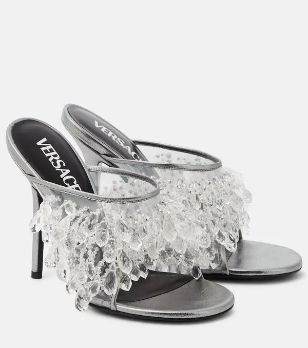 Versace Embellished Pvc Mules - Silver