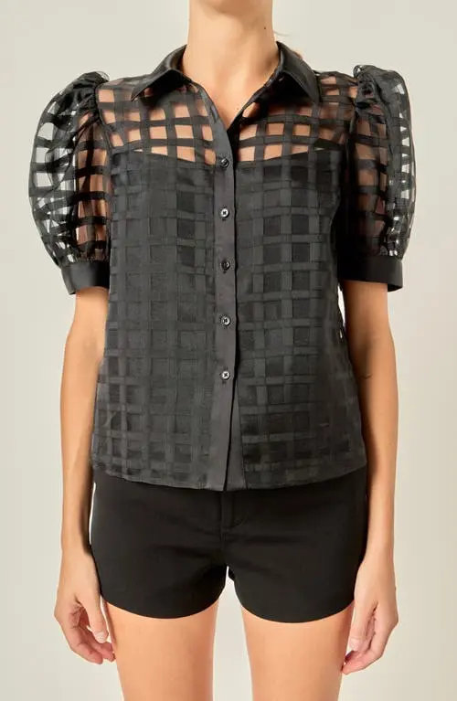 English Factory Puff Sleeve Organza Top - Black