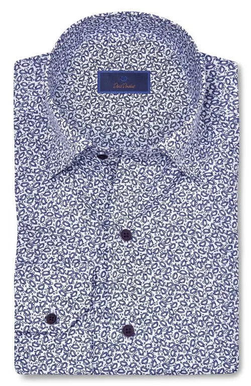 David Donahue Football Print Cotton Twill Hidden Button-down Shirt - Blue/white