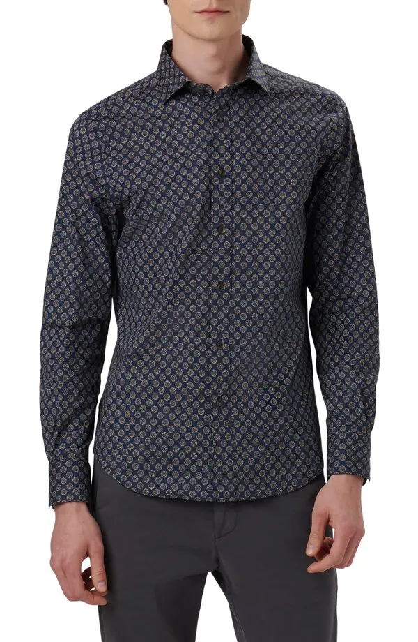 green emerald velvet dress Men's Bugatchi Long Sleeve Alvin Small Leaf Shirt, Navy, XXL main image 0