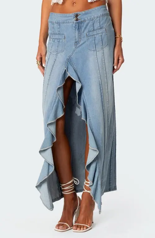 EDIKTED Valencia Ruffle Slit Front Denim Maxi Skirt