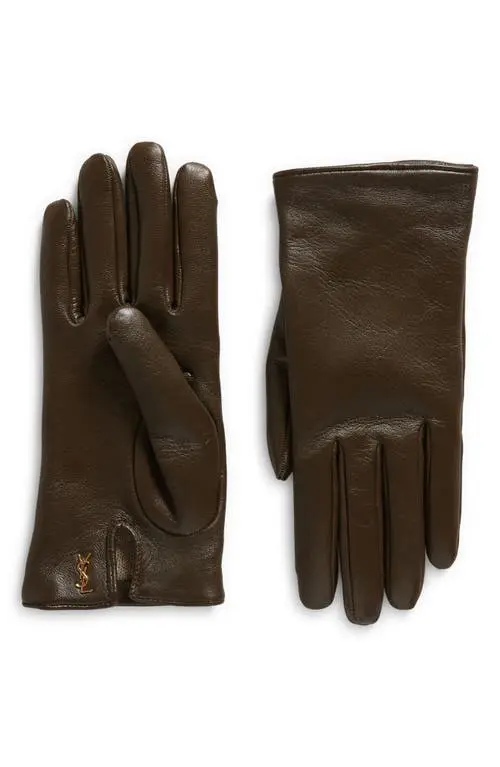 Saint Laurent Cassandre Logo Leather Gloves - Kaki/gold