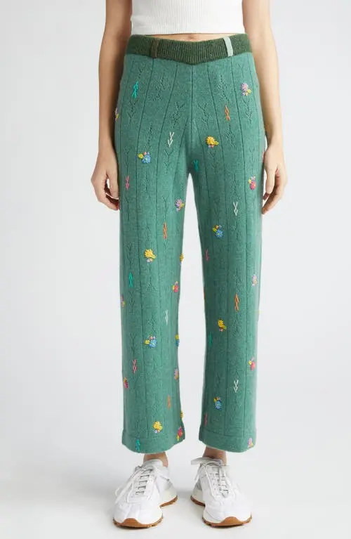 YANYAN Daisy Embroidered Pointelle Knit Lambswool Pants