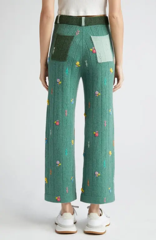 YANYAN Daisy Embroidered Pointelle Knit Lambswool Pants