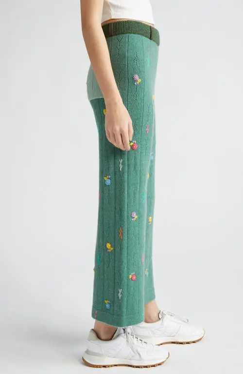 YANYAN Daisy Embroidered Pointelle Knit Lambswool Pants