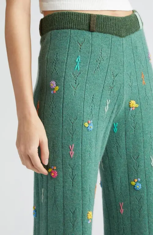 YANYAN Daisy Embroidered Pointelle Knit Lambswool Pants