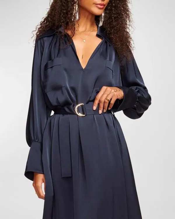 Ramy Brook Cecilia Satin Midi Shirtdress - Navy
