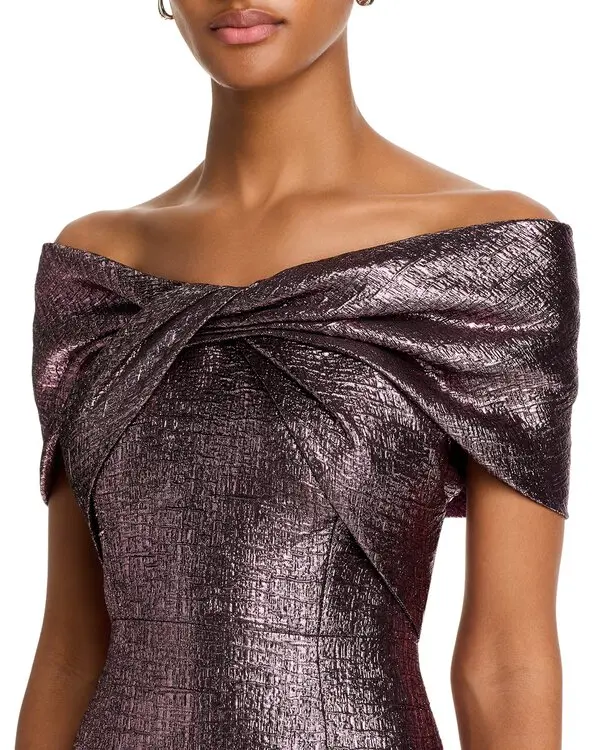 Rickie Freeman For Teri Jon Metallic Jacquard Off-the-shoulder Gown - Amethyst