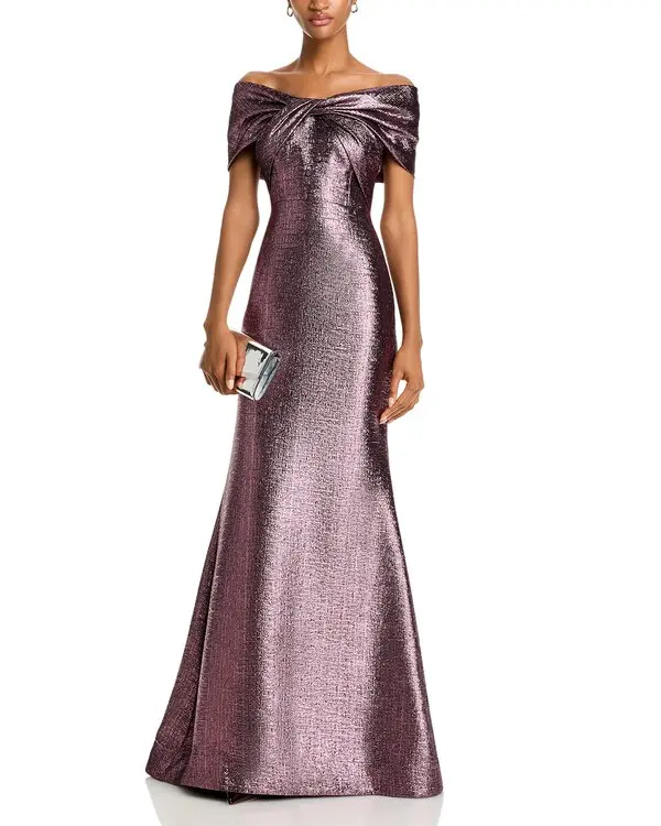 Rickie Freeman For Teri Jon Metallic Jacquard Off-the-shoulder Gown - Amethyst