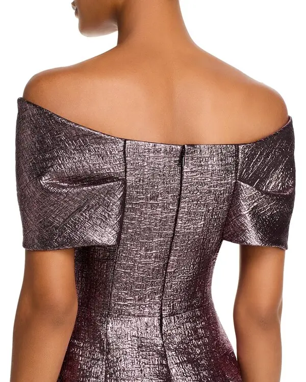 Rickie Freeman For Teri Jon Metallic Jacquard Off-the-shoulder Gown - Amethyst