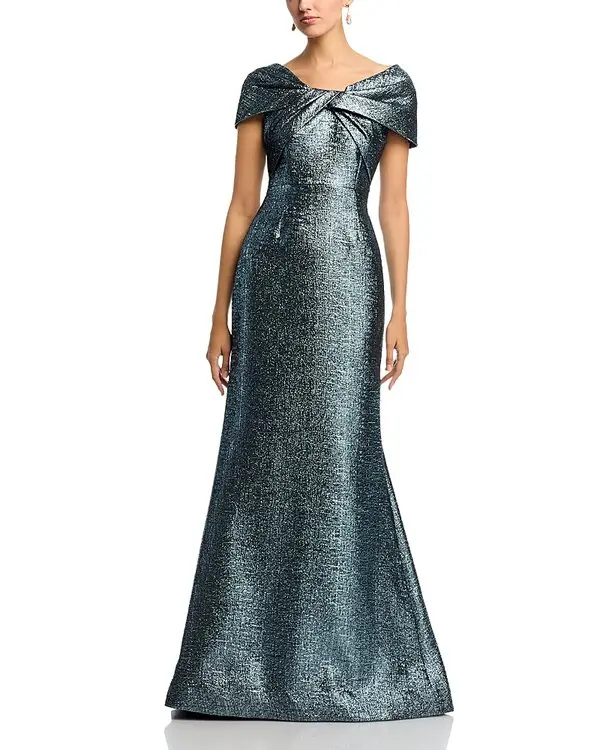 Rickie Freeman For Teri Jon Metallic Jacquard Off-the-shoulder Gown - Slate