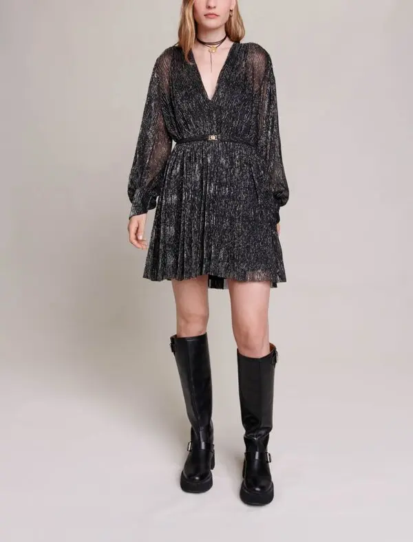 Maje Metallic Pleated Mini Dress With V-neck And Puff Sleeves