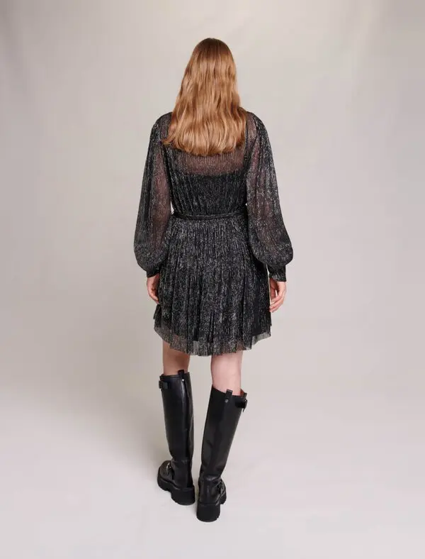Maje Metallic Pleated Mini Dress With V-neck And Puff Sleeves