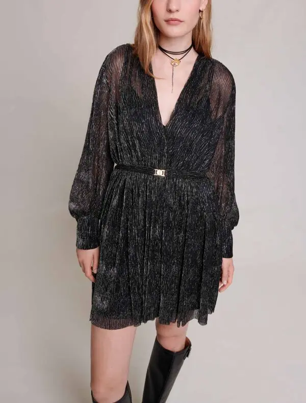 Maje Metallic Pleated Mini Dress With V-neck And Puff Sleeves