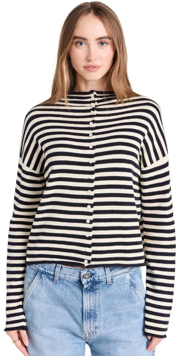 ALEX MILL Taylor Cardigan In Stripe Cotton Cashmere Blend - Navy/ivory