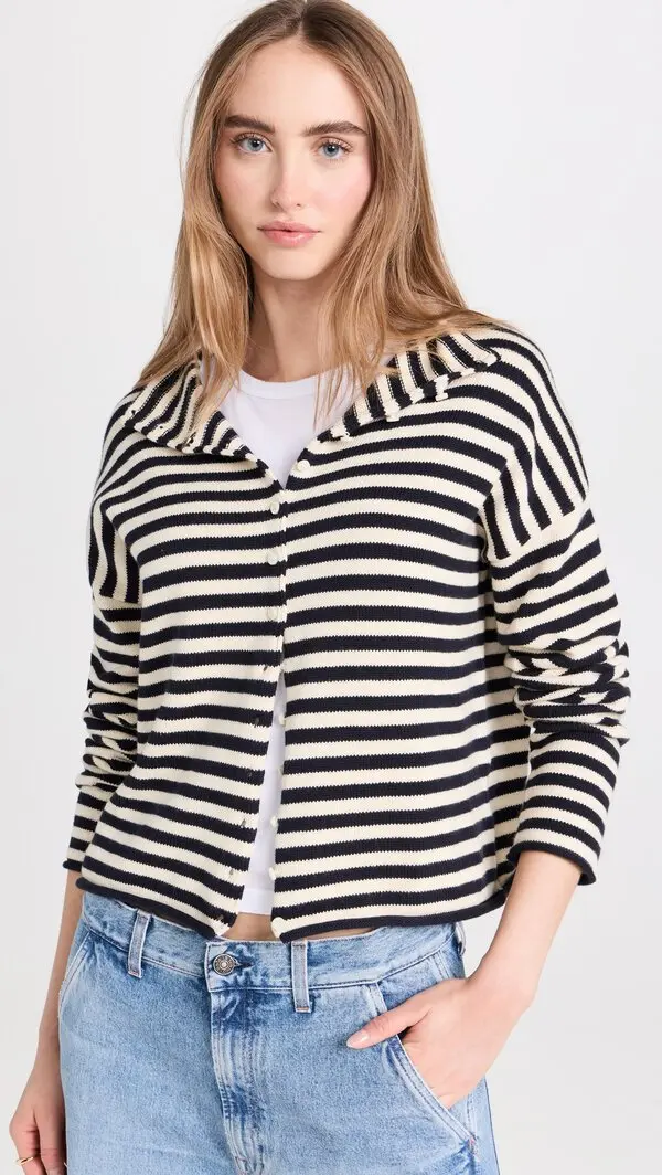 ALEX MILL Taylor Cardigan In Stripe Cotton Cashmere Blend - Navy/ivory