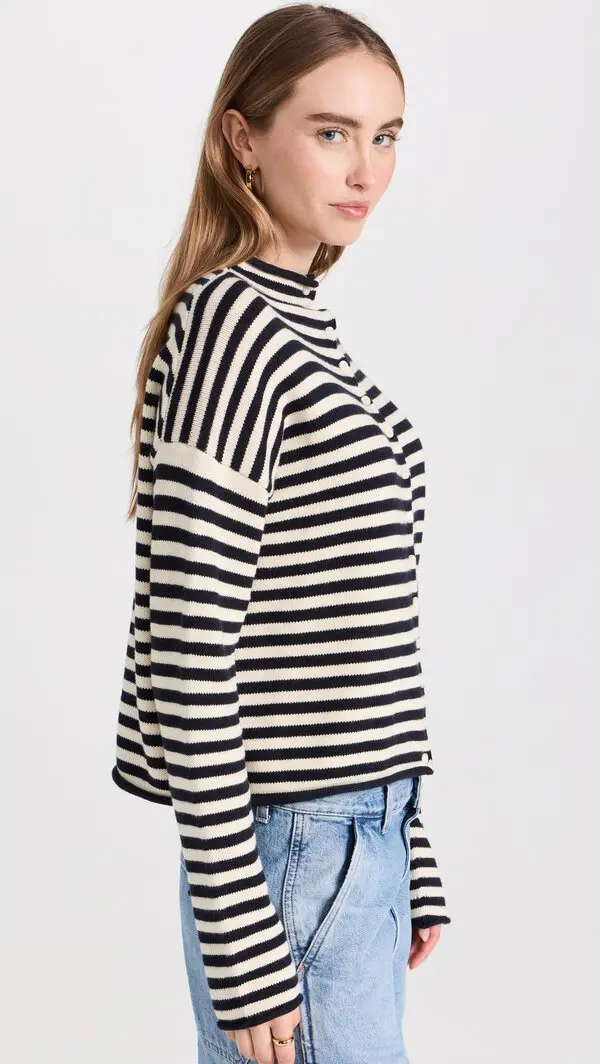 ALEX MILL Taylor Cardigan In Stripe Cotton Cashmere Blend - Navy/ivory