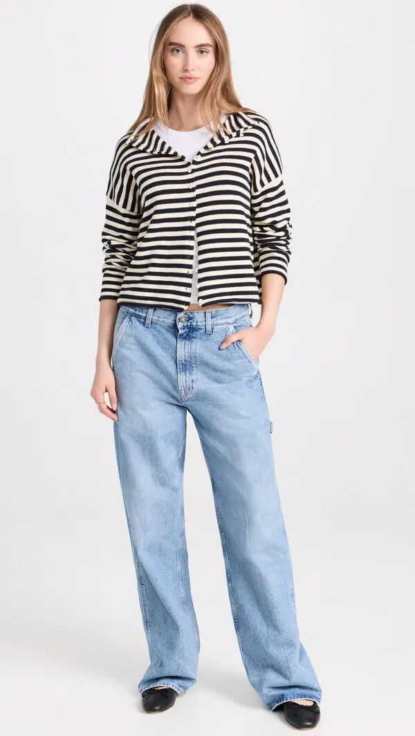 ALEX MILL Taylor Cardigan In Stripe Cotton Cashmere Blend - Navy/ivory