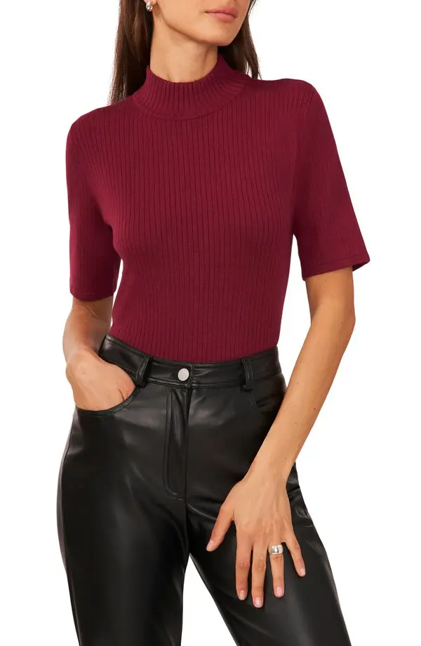 Halogen Short Sleeve Ribbed Mock Neck Sweater - Chianti Red