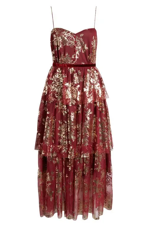 badgley mischka tiered metallic tulle midi dress Badgley Mischka Metallic Floral Tiered Tulle Cocktail Dress In Wine - 61%  Off