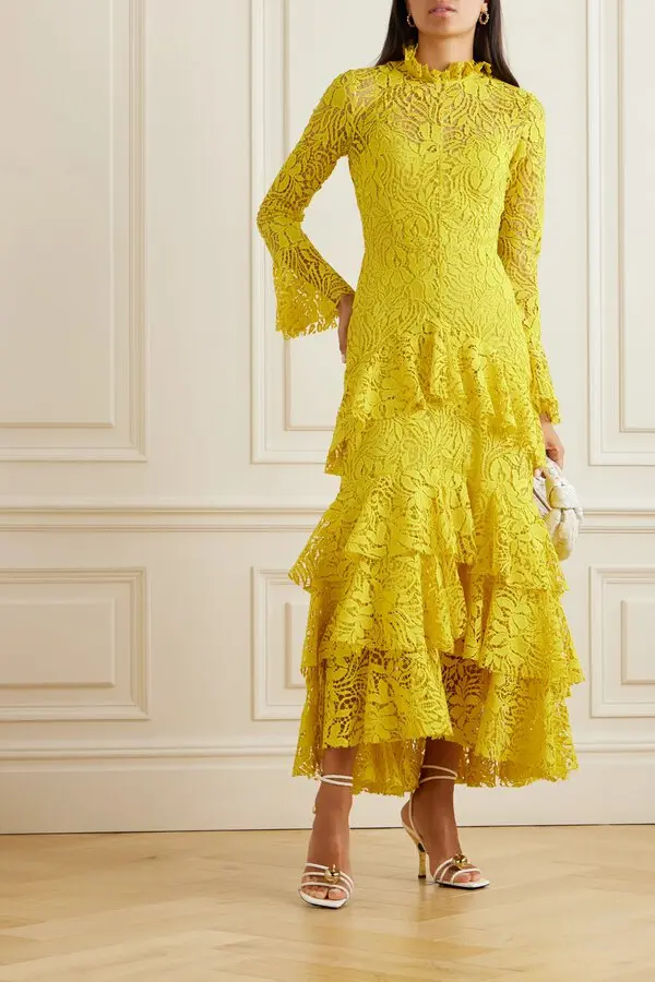 erdem yellow lace dress Tiered Ruffled Guipure Lace Maxi Dress