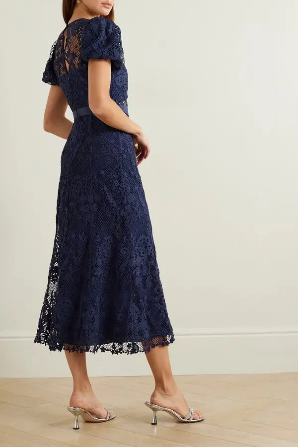 Self-Portrait Grosgrain-Trimmed Corded Guipure Lace Midi Dress In Blue -  50% Off | Editorialist