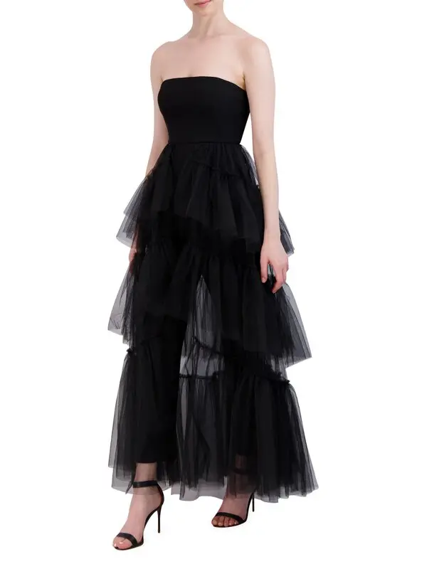 Bcbgmaxazria Strapless Tiered Tulle Overlay Jumpsuit